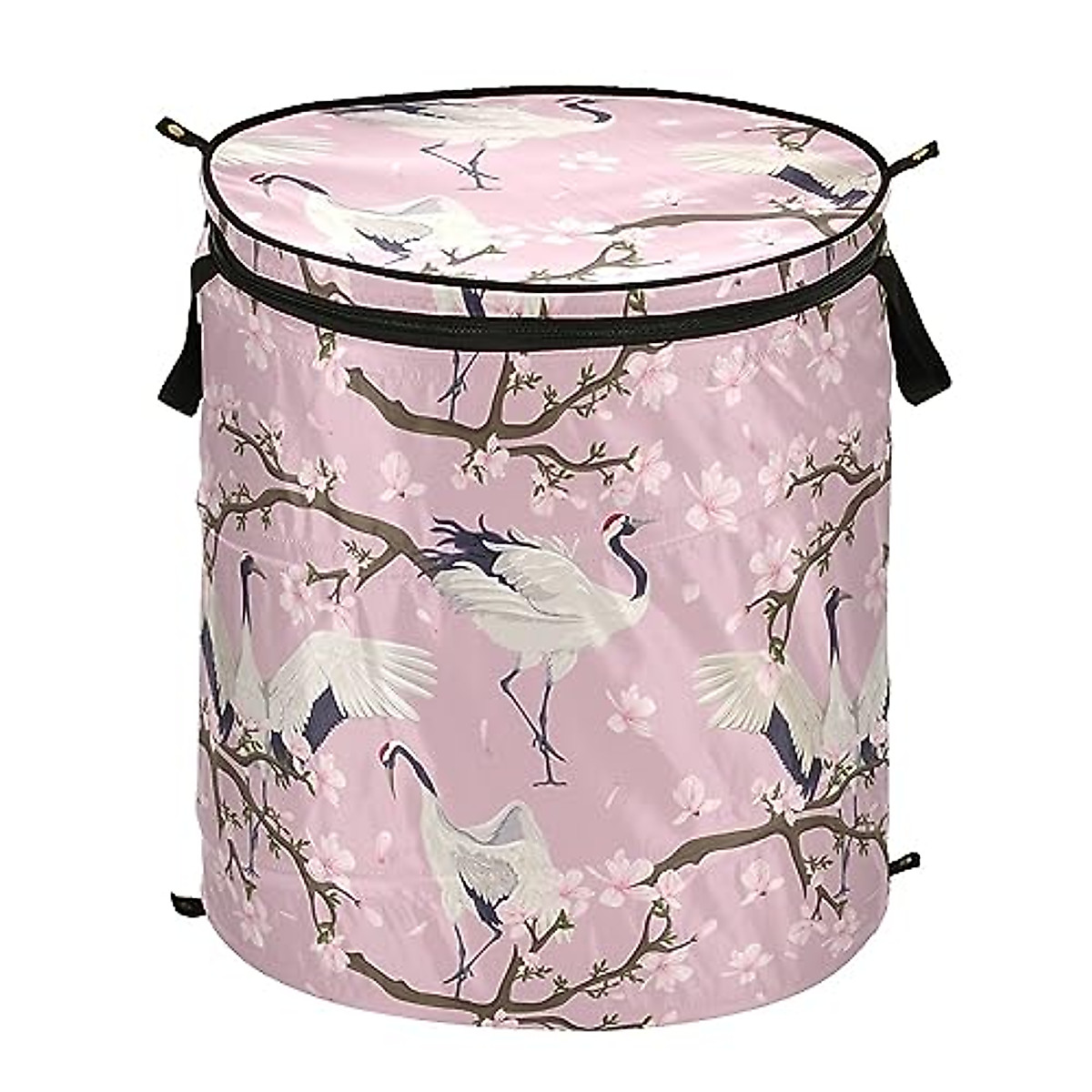 pnyoin 50L Large Popup Laundry Hamper Round with Zipper Lid Reinforced Handles Portable Collapsible Basket for Kids Room College Dorm Travel, Japanese Cranes and Magnolia