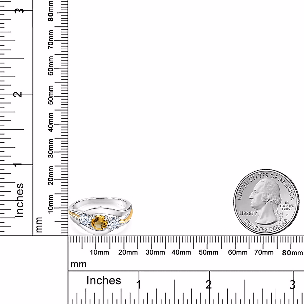 Gem Stone King 925 Sterling Silver and 10K Yellow Gold Round Yellow Citrine and White Zirconia 3 Stone Ring For Women (1.23 Cttw, Available In Size 5, 6, 7, 8, 9)