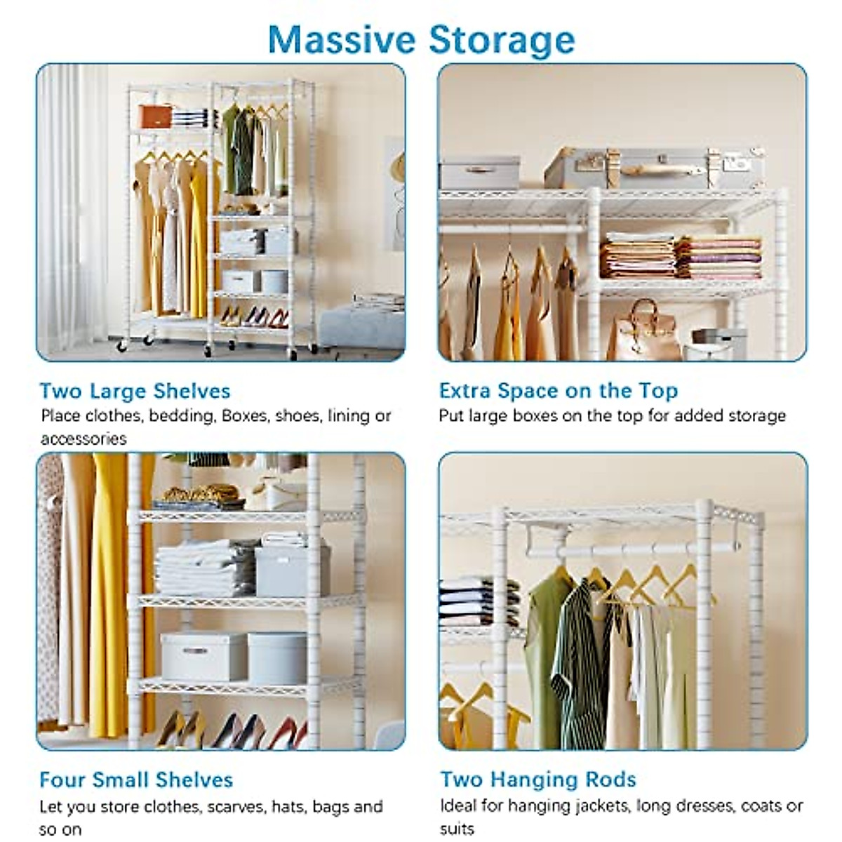 VIPEK R4C Garment Rack Rolling Clothes Rack 6 Tiers Heavy Duty Adjustable Wire Portable Closets with Lockable Wheels Wardrobe White Metal Clothing Rack with Frosted Translucent Cover, Max Load 620lbs