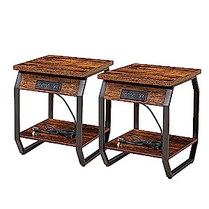 IRCPEN Side Table Set of 2, 17.3'' Square Bedside Table Nightstand Set W/Shelf, Vintage Small End Table with USB Port and Outlets for Small Spaces, Living Room, Bedroom (Brown)