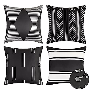 Adabana Set of 4 Outdoor Waterproof Throw Pillow Covers 18x18 Boho Decorative Pillows Case for Patio Furniture Garden(Black-Geometric)