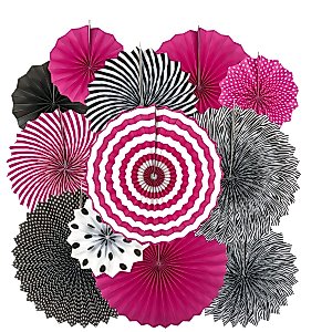 Hot Pink and Black Birthday Party Hanging Paper Fans Decorations - Women Girls Birthday Party Wedding Bridal Shower Bachelorette Carnival Party Ceiling Hangings Photo Booth Backdrops Decorations, 12pc