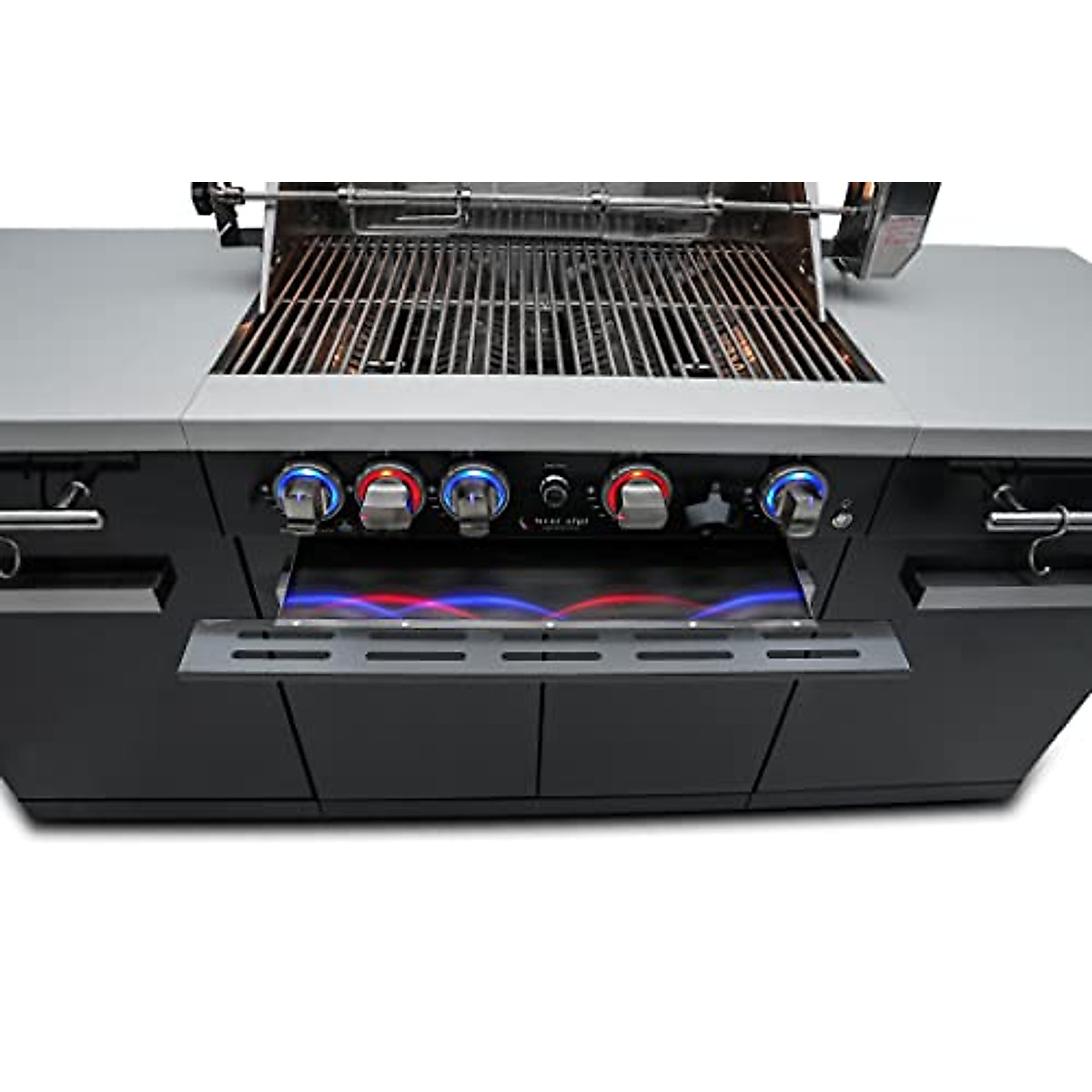 Mont Alpi MA-957 5-Burner 63000 BTU Black Stainless Steel Outdoor Kitchen Bar Gas Island Grill w/ Infrared Rear Burner + Rotisserie Kit + Granite Countertop + Storage Cabinets & Full Weather Cover