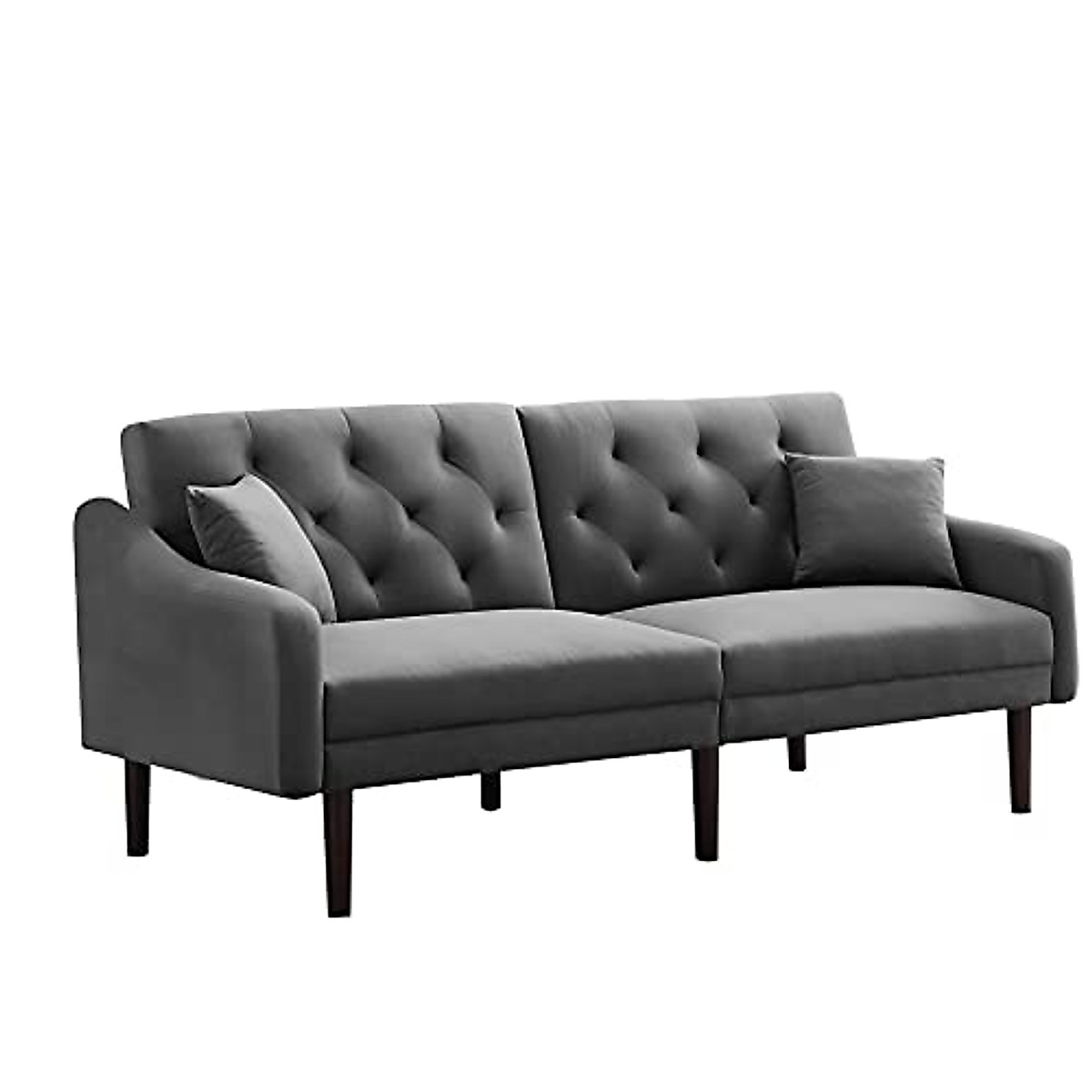 KoiHome Velvet Futon Bed with Adjustable for Backrest, Sleeper Sofa with Two Pillows, Modern Couch with Handrail and Wood Legs, Upholstered Loveseat for Living, Bedroom,Office,Waiting Room, Grey