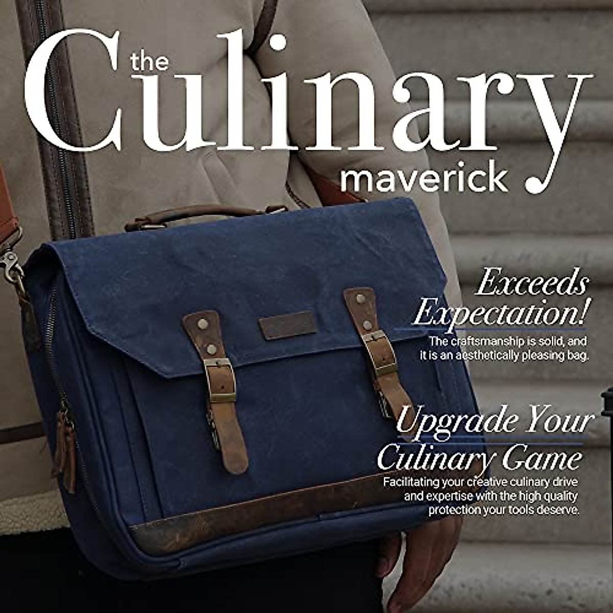 Chef Messenger Knife Bag | Waxed Canvas Chef Knife Bag | Waterproof Material | Chefs Case with 24+ Pockets for Knives & Utensils | Culinary Gifts For Chefs & Students | Sturdy Travel Chef Bag (Blue)