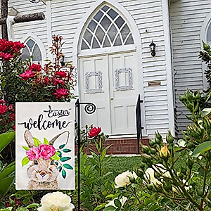 Happy Easter Garden Flag 12x18 Inch Double Sided Bunny with Flowers, Small Yard Flag for Outside Farmhouse Holiday Spring Outdoor Décor, house flag