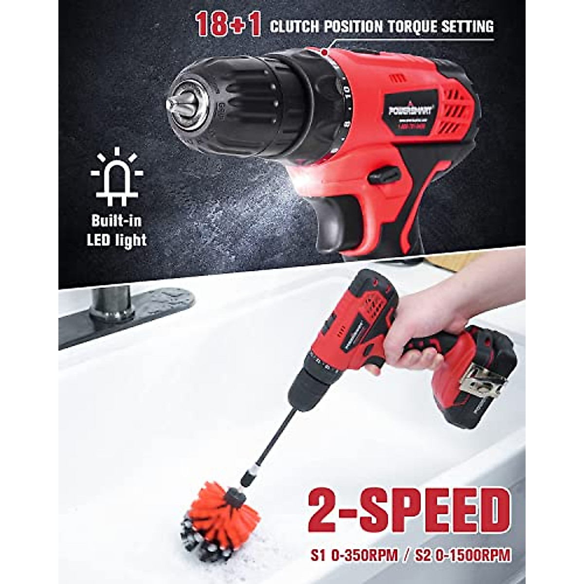 PowerSmart Cordless Drill Driver, 20V Drill Driver Brushes, 300 in-lb Torque Impact Drill Driver, 3/8'' Chuck, Power Drill Driver Built-in LED, 1.5Ah Lithium-Ion Battery & Charger Included