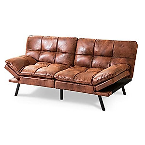 Opoiar Leather Futon Sofa Bed,Convertible Memory Foam Couch Bed,Futon Sets Daybed with Mattress Included,Folding Modern Sleeper Sofa Love seat for RV Car Living Room&Bedroom Small Space,Brown