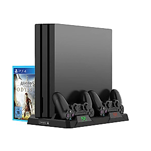 ElecGear Vertical Stand for PS4, Charging Station with Cooling Fan, Charger Dock for DualShock 4 Controller, 16x Games Blu-ray Storage Bracket Accessories Kit for Playstation 4, PS4 Pro, PS4 Slim