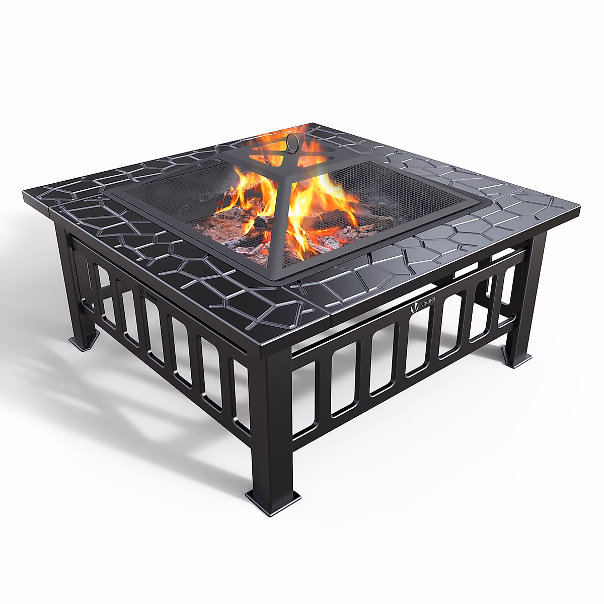 VOUNOT 3 in 1 Metal Square Firepit 32 inch Heavy Duty Fire Pit Table Outside Wood Burning Fire Pits with Spark Screen Lit and Rain Cover for Camping Garden Patio, Black