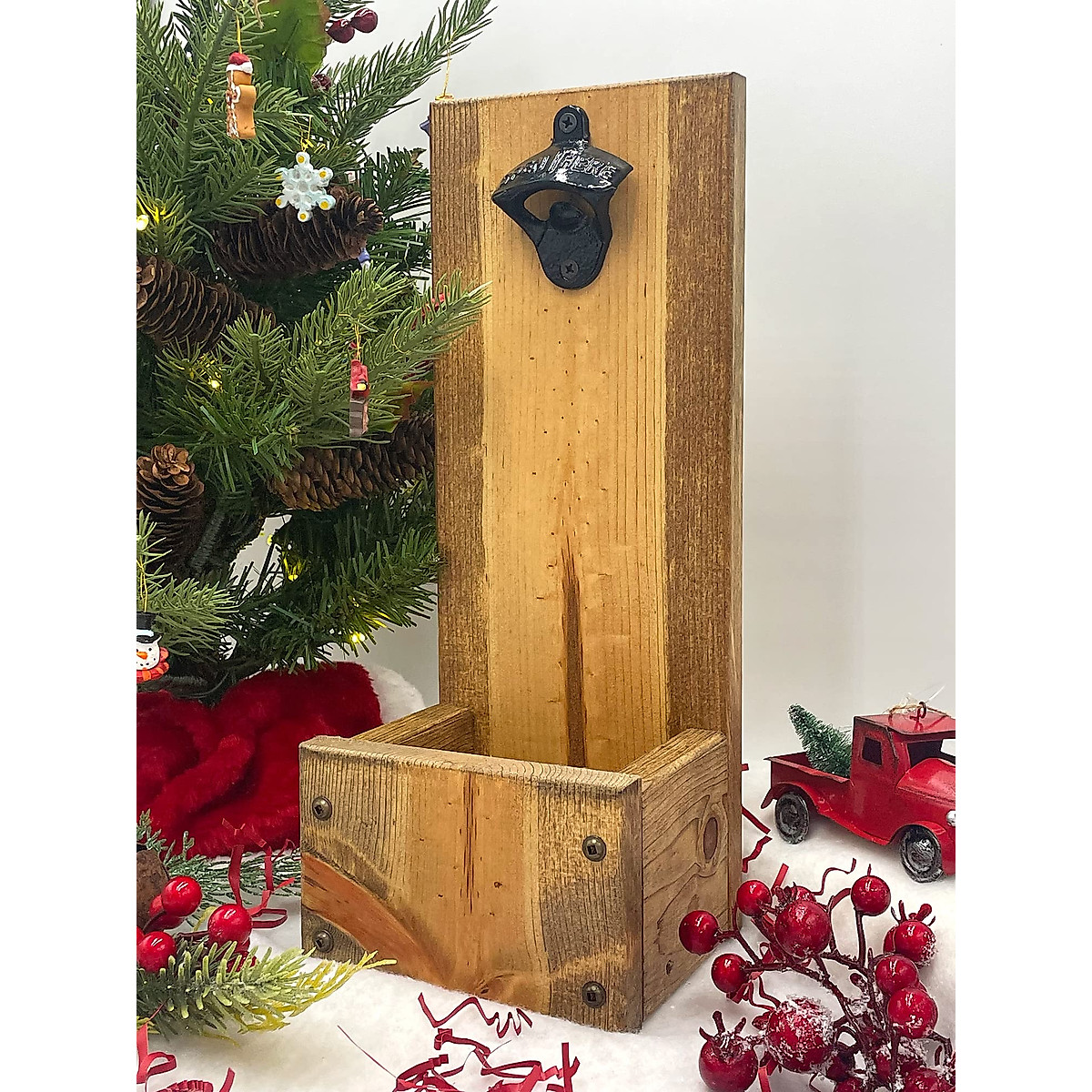 Bottle Opener with Dropbox Cap Catcher - Wall Mount or Freestanding - Laser Engraved - Personalized Christmas Gift idea for men Rustic Wood Groomsmen Gift Sets, Wedding and Anniversary Presents