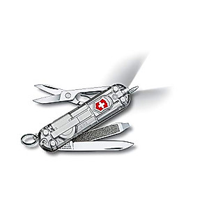 Victorinox Signature Lite Swiss Army Knife, Compact 7 Function Swiss Made Pocket Knife with Pressurized Ballpoint Pen, LED and Key Ring - Silver Tech