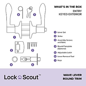 Lock Scout Wave Lever with Round Trim Keyed Entry Door Handle, Satin Nickel Finish