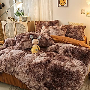 Jameswish Shaggy Plush Duvet Cover Set Super Soft Fluffy Faux Fur Comforter Cover Set Luxury Fuzzy Bedding Set 3 Piece(1 Duvet Cover+2 Pillowcases) with Zipper Clusure(Coffee White Ombre,Queen Size)