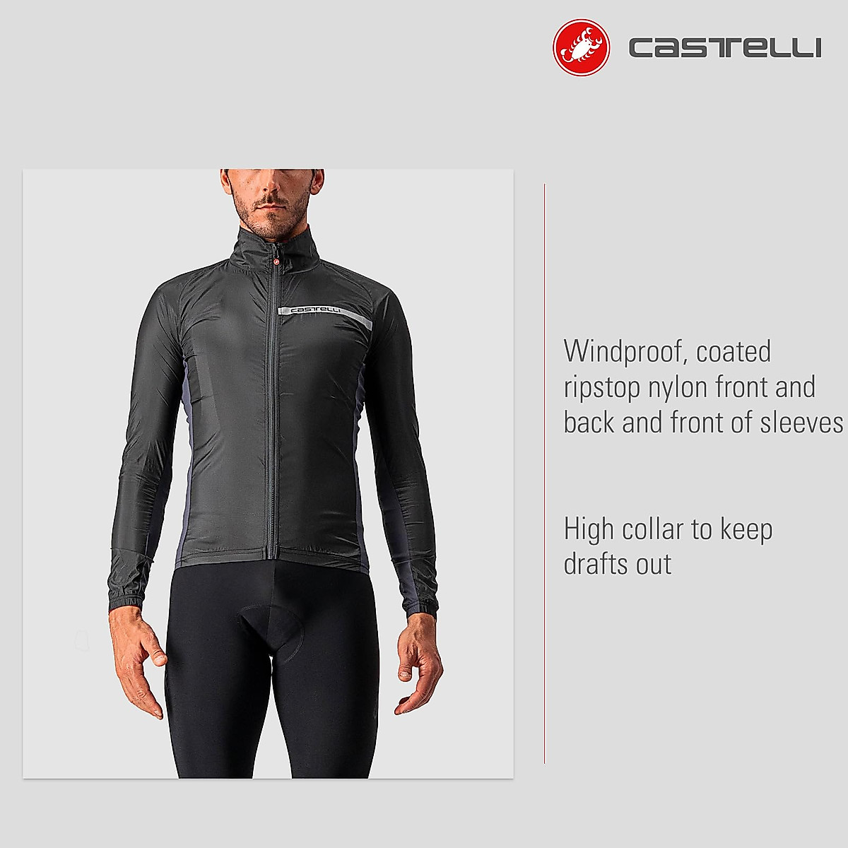CASTELLI Men's Squadra Stretch Jacket, Windproof Zip Up Shell with High Collar for Road and Gravel Biking I Cycling - Light Black/Dark Gray - X-Large