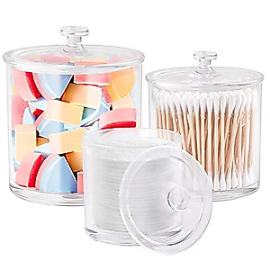 Eschen Apothecary Jars, 3 Pack Bathroom Storage Organizer, 28-oz 17-oz 9-oz Clear Acrylic Cotton Ball Holder with Lid for Qtip, Makeup Sponges, Flossers, Bath Salts, Swab Vanity Canister Dispenser