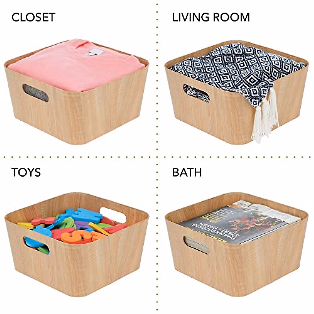 mDesign Wood Grain Paperboard Food Storage Container Bin Basket with Handles for Pantry - Organization Containers for Assorted Fruit, Vegetable, and Produce - 6 Pack - Natural/Tan