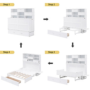 Murphy Bed Queen with Bookcase Headboard ,Wooden Murphy Bed Cabinet with Bedside Shelves and a Big Drawer, Easy Fold Modern Murphy Cube Wall Bed for Guest Room Home Office, White