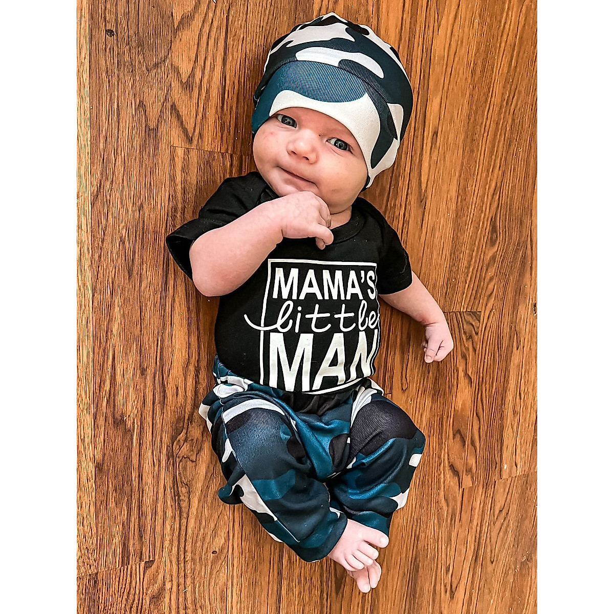 HIHA Preemie Newborn Baby Boy Clothes Set Short Sleeeve Romper Camoflauge Pants Hat 3PCS Mamas Man Outfit Mamas Little Boy Print (Blue Camo, Preemie)