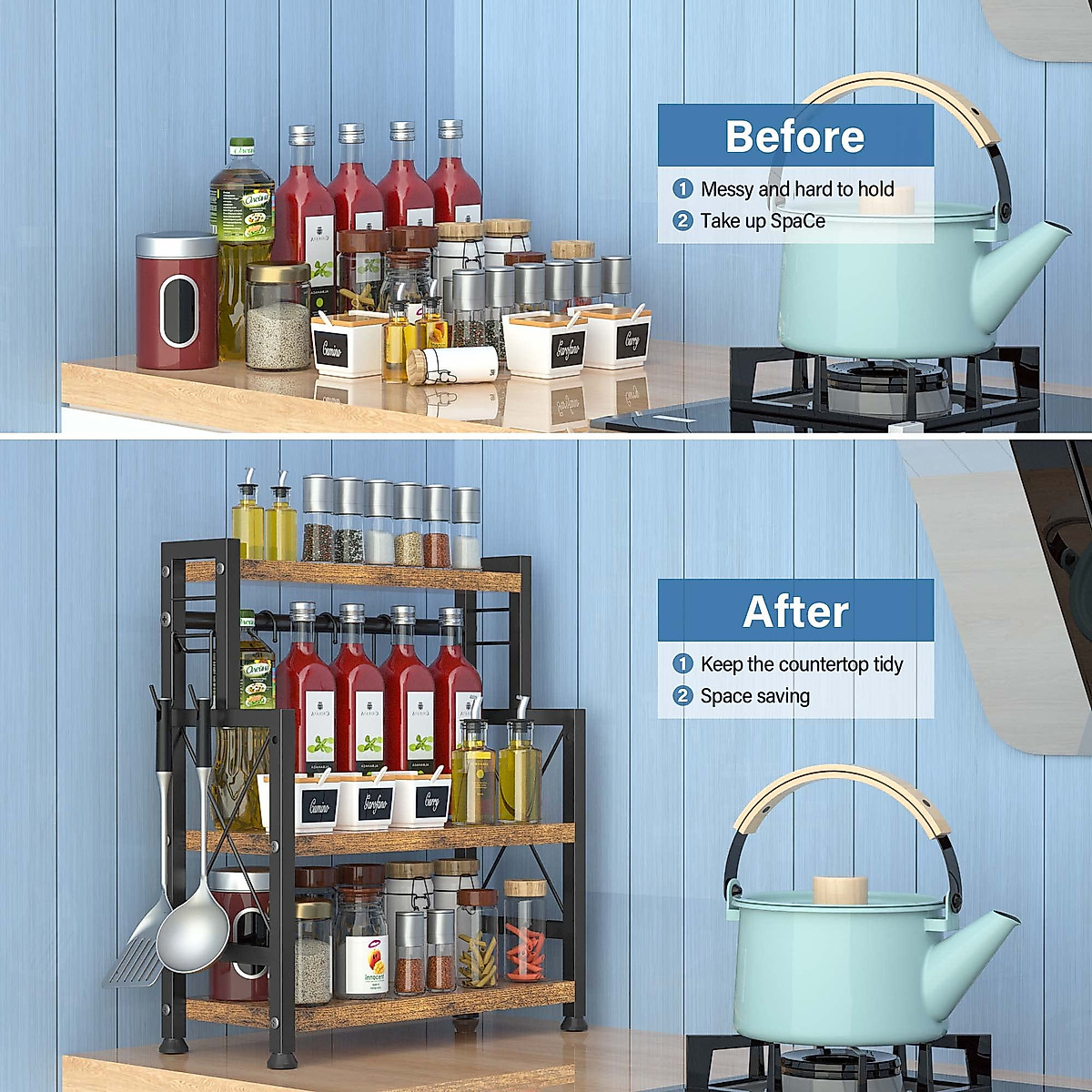 AKTOP 3-Tier Spice Rack Storage Shelves - Standing Kitchen Counter Shelf 20.1" with Hooks, Rustic Bathroom Countertop Organizer Vanity Shelf with Adjustable Shelf Cabinet, Easy Assembly