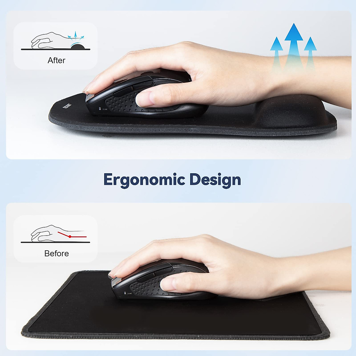 Mouse Pad with Wrist Support, TECKNET Ergonomic Gaming Mouse Pad Pain Relief, Portable Comfortable Mousepad for Computer, Laptop, Office, Home and Travel, Non-Slip Base, Waterproof Surface, Black