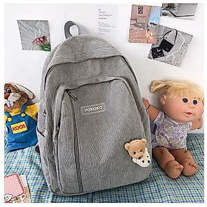 VIEOAGEO Kawaii Backpack with Cute Bear Pins Accessories for Teen Girls Women School Bag Super-Capacity (grey)