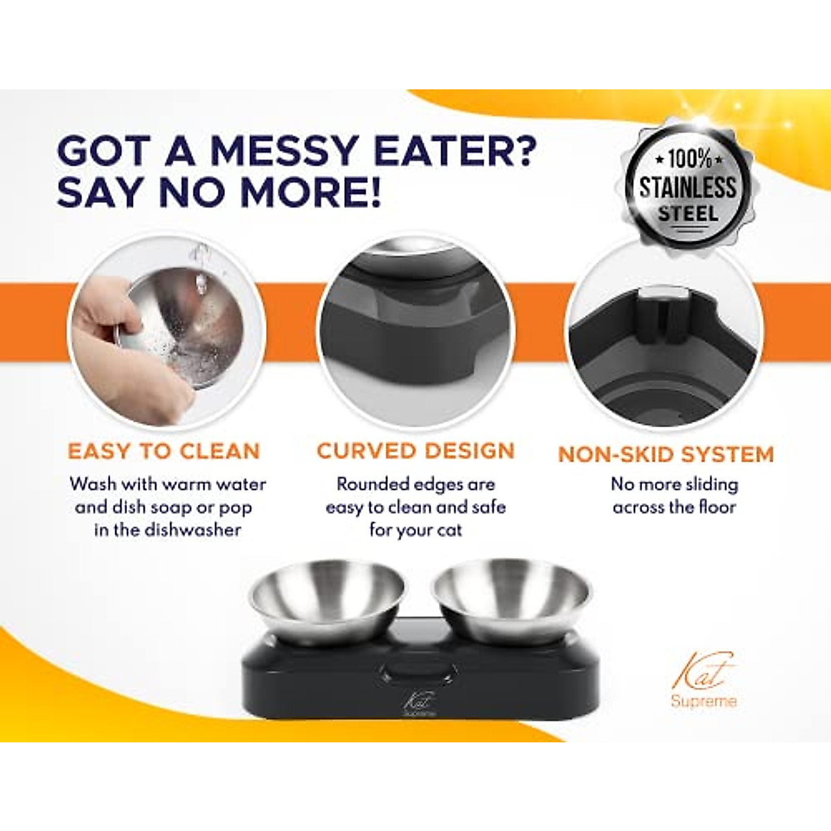 KatSupreme Tilted Cat Food Bowls - Raised Cat Food Bowls, Anti Vomiting Cat Bowl Set, Stainless Steel Cat Bowls with Stand, Orthopedic Cat Bowl, Elevated Cat Bowls Set