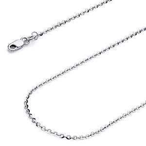 14k REAL White Gold Solid 1.5mm Side Diamond Cut Rolo Cable Chain Necklace with Lobster Claw Clasp - 18"
