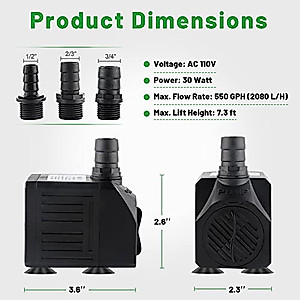 Yochaqute Aquarium Submersible Water Pump: 550GPH 30W Quiet Mini Adjustable with 6ft Power Cord for Hydroponics | Garden Waterfall | Pond | Fish Tank| Fountain