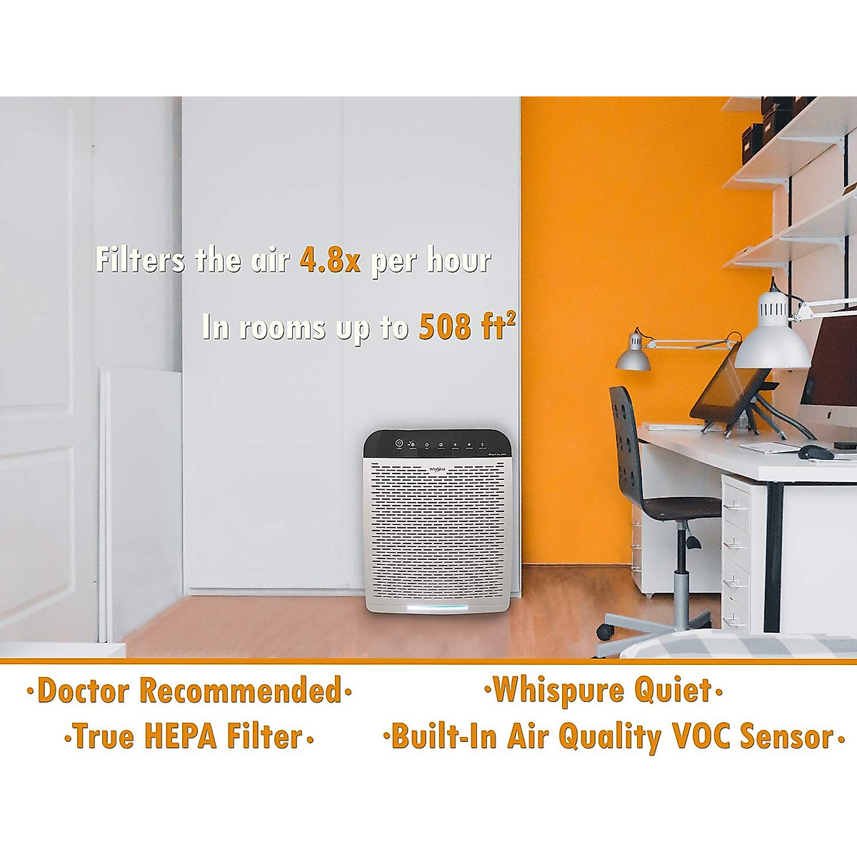 Whirlpool WPPRO2000P Whispure True Hepa Air Purifier, Activated Carbon, 508 Sq Ft, Smart Auto Mode, Ideal for Allergies, Odors, Pet Dander, Mold, Smoke, Wildfire, Germs - Pearl White