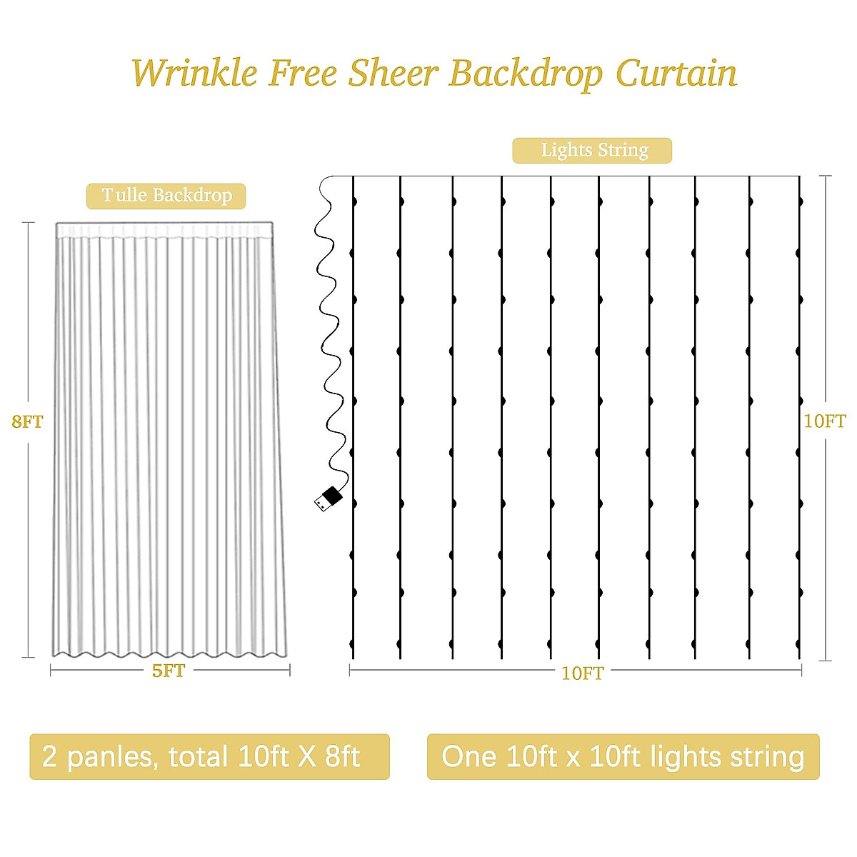 White Sheer Tulle Backdrop Curtains with Lights String for Party Wedding Wrinkle Free Curtain Backdrops Drapes for Baby Shower Birthday Party Photo Back Drop Background Home Decorations 10ft x 8ft