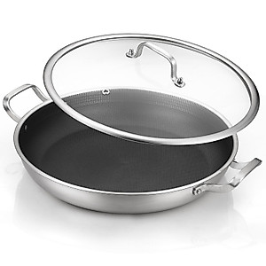 DELARLO Paella Pan 14 Inch Tri-Ply Stainless Steel Paella Pan with Lid Nonstick Frying Pan, Hybird Induction Large Skillets,Great for Paella Parties Indoors Outdoors,Heavy Duty Style