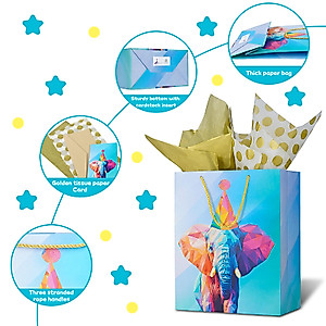 Purple Dino 13'' Large Birthday Gift Bag with Tissue Paper, Assorted Gift Bags for Kids, Happy Birthday Gift Bag for Girls and Boys, Gift Bag Set of 4