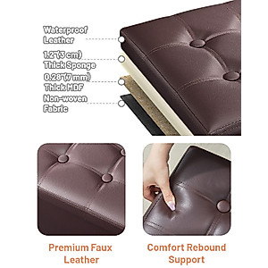 FujDun 2PC Folding Storage Ottoman with Side Pocket,16 inch Leather Ottoman Seat for Living Room Bedroom,Foot Rest Footstool,16X12X12in Brown (2PC)