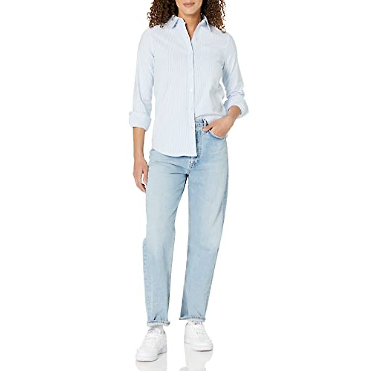 Amazon Essentials Women's Long Sleeve Button Down Stretch Oxford Shirt (Available in Plus Size), Blue/White/Stripe, Large