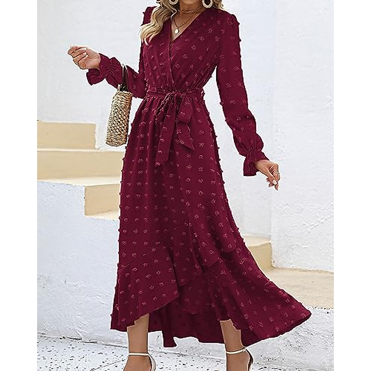 BTFBM Women's Boho Wrap Maxi Dress Summer Fall V Neck Swiss Dot Long Sleeve Flowy Slit Wedding Party Cocktail Dresses(Swiss Dot Wine Red, Small)