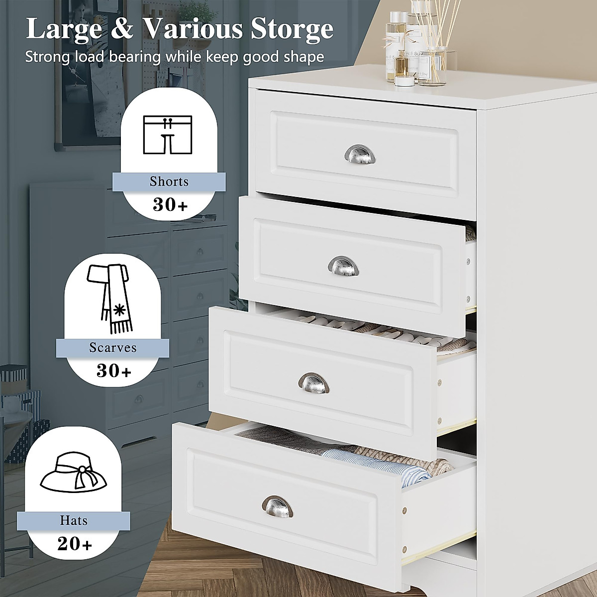 SUNLEI 4 Drawer Vertical Dresser, Tall White Dresser, Trapezoidal Design with Handle-Drawer Chest for Ample Storage, Chest of Drawers for Bedroom, Entryway, Living Room, Hallway (White, 4 Drawer)
