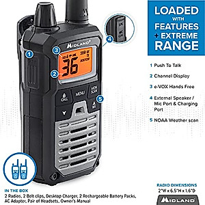 Midland T290VP4 X-TALKER GMRS Long Range Walkie Talkie - Two Way Radio with NOAA Weather Scan + Alert, and 121 Privacy Codes (Black/Silver, 2 Radios)