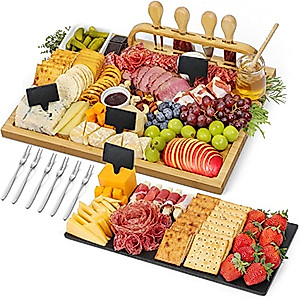 Bamboo Cheese Board and Knife Set - Extra Large Charcuterie Boards Set & Accessories, Large Wooden Cheese Platter Tray with Cutlery - Unique Housewarming, Bridal Shower, Anniversary & Wedding Gift