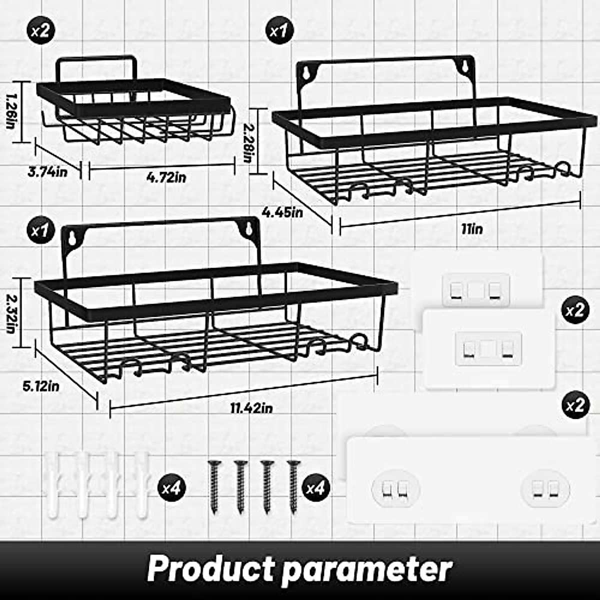 AJIJING 4 Pack Shower Caddy, Stainless Steel Black Shower Organizer Shelves with 8 Hooks and Soap Holder Adhesive Drilling Wall Mounted Bathroom Shower Storage Shelf for Inside Shower Toilet Kitchen Living Room