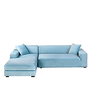 Velvet Sofa Slipover for L/U Shape Chaise Lounge Cover, Stretch 1 2 3 4 Seat Sectional Couch Cover Non Slip Furniture Protector for Kids Pets (Light Blue,L Shape(2seat+3seat))