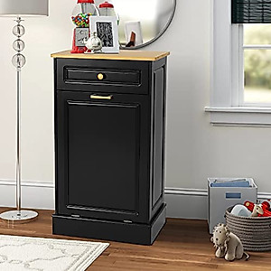 Anbuy Tilt Out Trash Cabinet Can Bin Kitchen Wooden Trash Can Free Standing Holder Recycling Cabinet with Hideaway Drawer Wooden Trash Holder (Black)