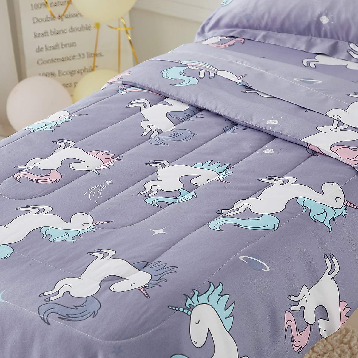 UOZZI BEDDING Unicorn 4 Piece Toddler Bedding Set with Rainbow Stars Blue-Gray - Includes Adorable Quilted Comforter, Fitted Sheet, Top Sheet, and Pillow Case for Girls Boys Bed