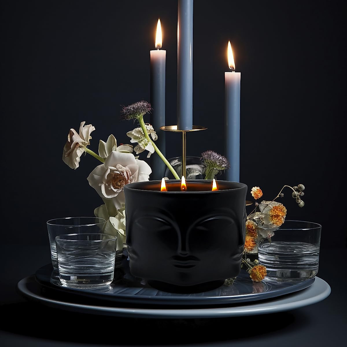 20 oz Black Buddha Head Aromatherapy Candle, Lavender Scent, 3-Wick Soy Wax Candle for Relaxation and Meditation, Decorative Candle for Home Décor, Stress Relief Candle