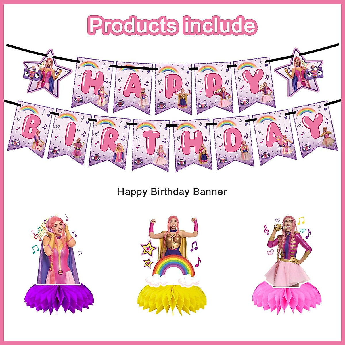 Generic 𝐿𝑢𝑙𝑖 𝑃𝑎𝑚𝑝𝑖𝑛 Birthday Party Decorations, Music Themed Birthday Banner Honeycomb Centerpieces Hanging Swirls Cupcake Cake Toppers Party Balloons for Birthday Baby Shower Party Supplies
