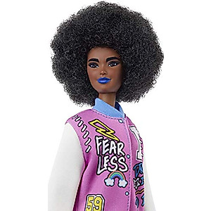 Barbie Fashionistas Doll #156 with Brunette Afro & Blue Lips Wearing Graphic Coat Dress & Yellow Shoes, Toy for Kids 3 to 8 Years Old