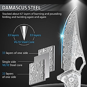 NedFoss Damascus Pocket Knives for Men, Handmade Forged VG10 Damascus Steel Folding Knife with Leather Sheath, Sandalwood Handle, Pocket Clip, Cool Knives Gifts for Men EDC (PTEROSAUR