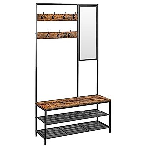 VASAGLE Coat Rack Shoe Bench with Mirror, Hall Tree with Bench and Shoe Storage Shelves, 15 x 38.6 x 70.9 in, Bedroom Living Room, Industrial Style, Rustic Brown and Black UHSR415B01