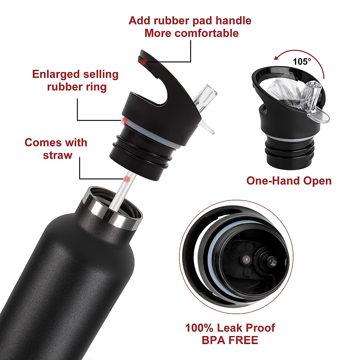 Neihepal Insulated Water Bottles Bulk 16 Pack,Stainless Steel Double Wall Sport Bottle with Lid of Handle,Metal Reusable Thermoses Flask with Cup Cap for School,Hikers,Gift (Black,Set of 16)