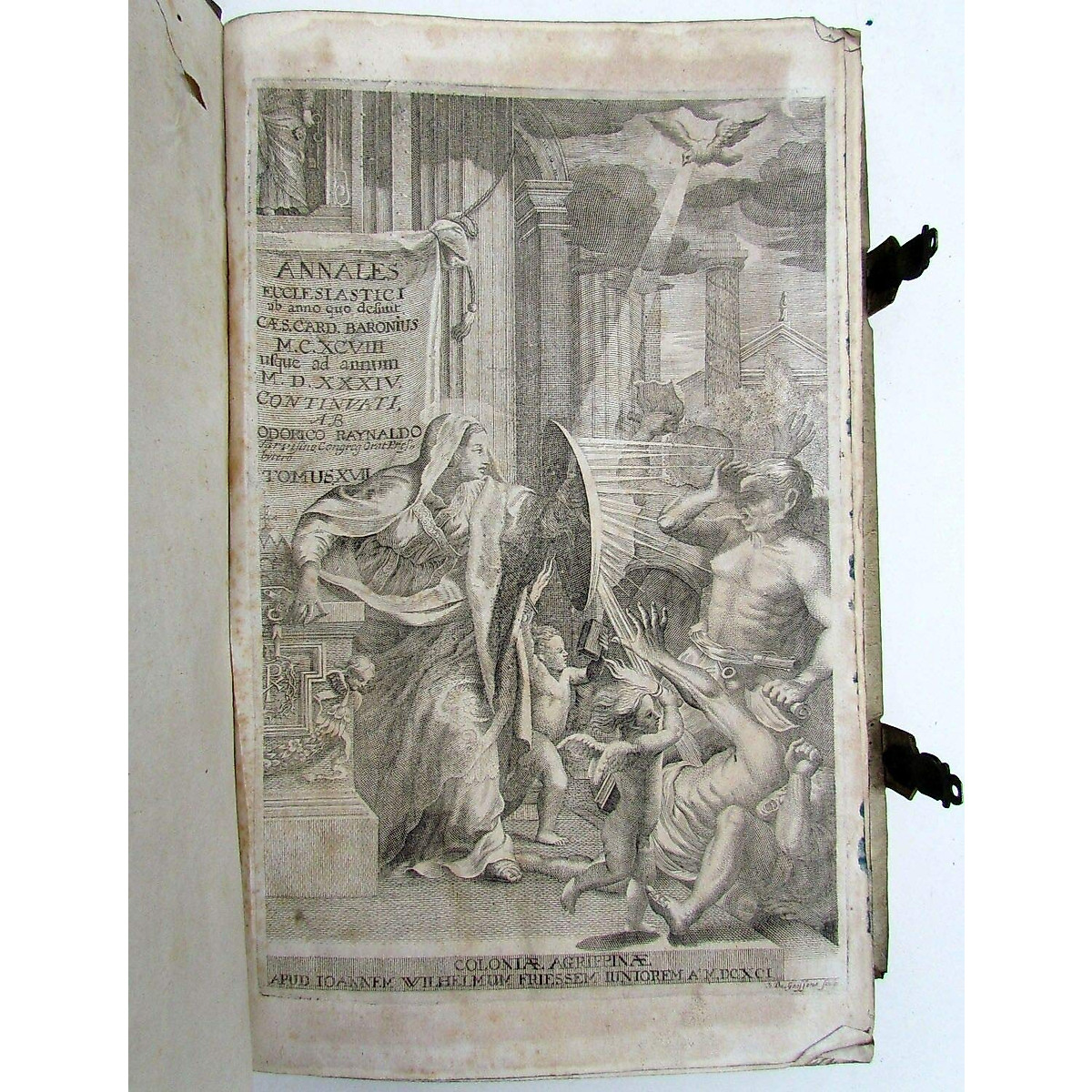 1693 BLIND-STAMPED PIGSKIN OVER WOODEN BOARDS FOLIO ANNALES ECCLESIASTICI